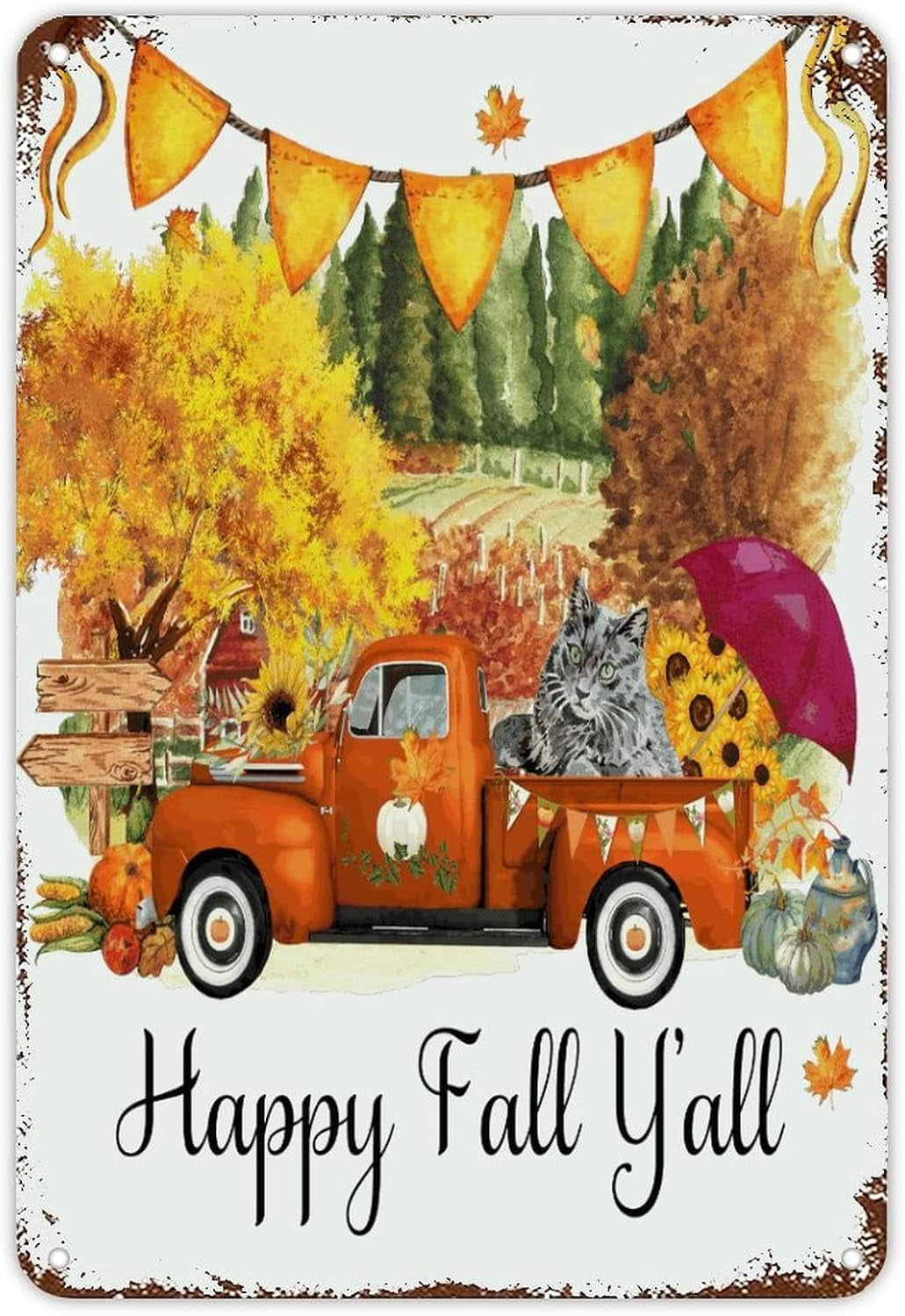 Vintage Farm Red Truck Pumpkin Sunflower Aluminum Metal Sign Shiba Inu ...