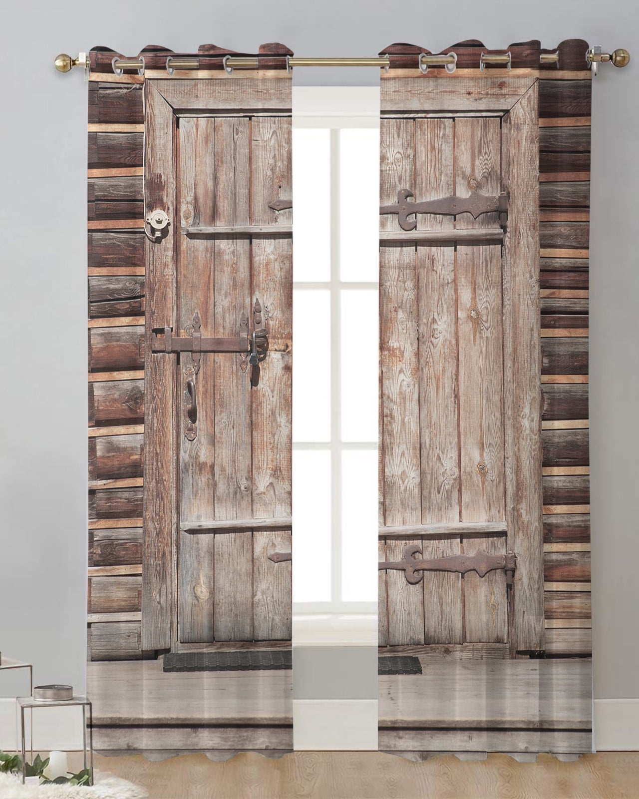Vintage Farm Wood Door Rustic Sheer Curtains For Living Room Window ...
