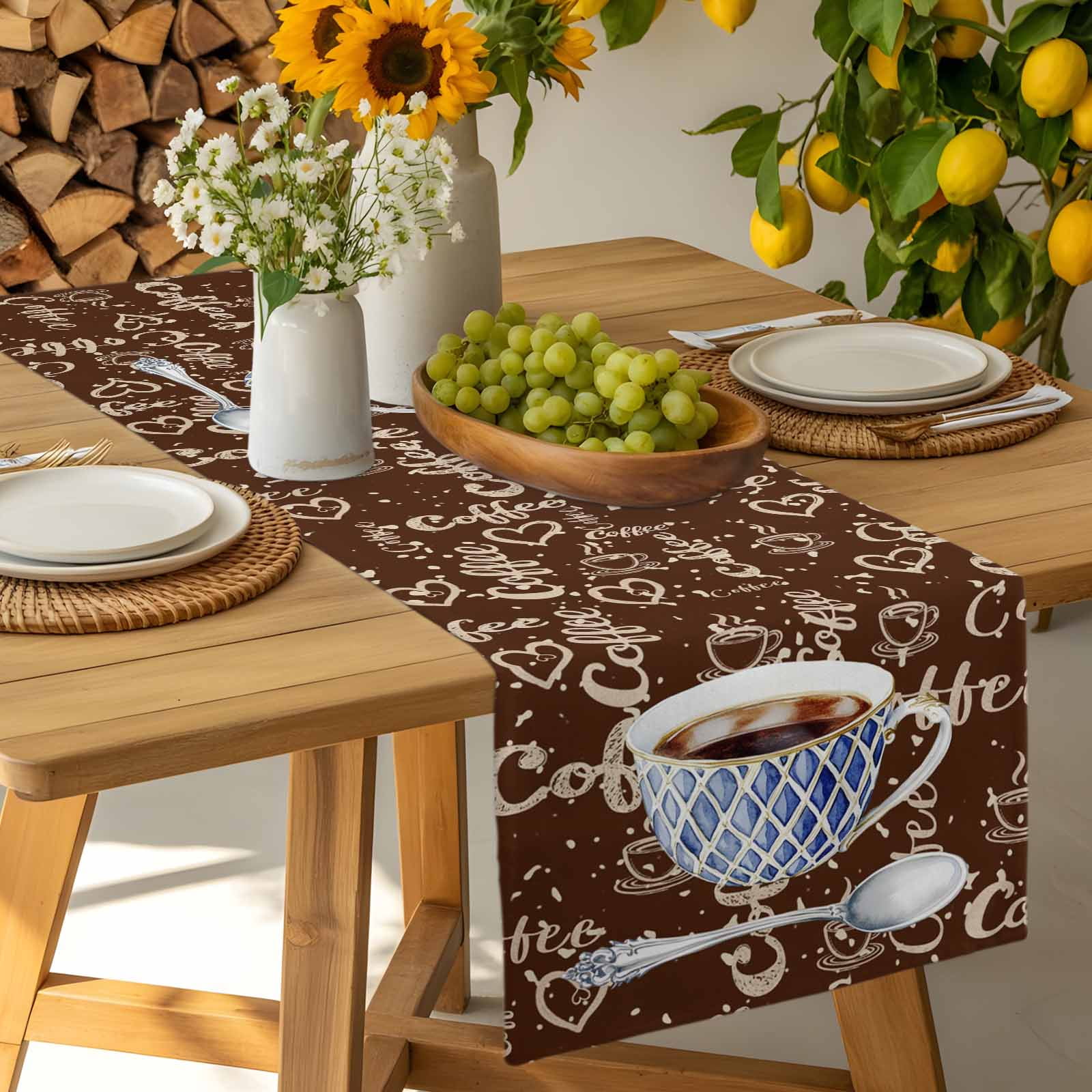 Vintage Farmhouse Coffee Cup Spoon Table Runner-36 Inch Long Chic Text ...