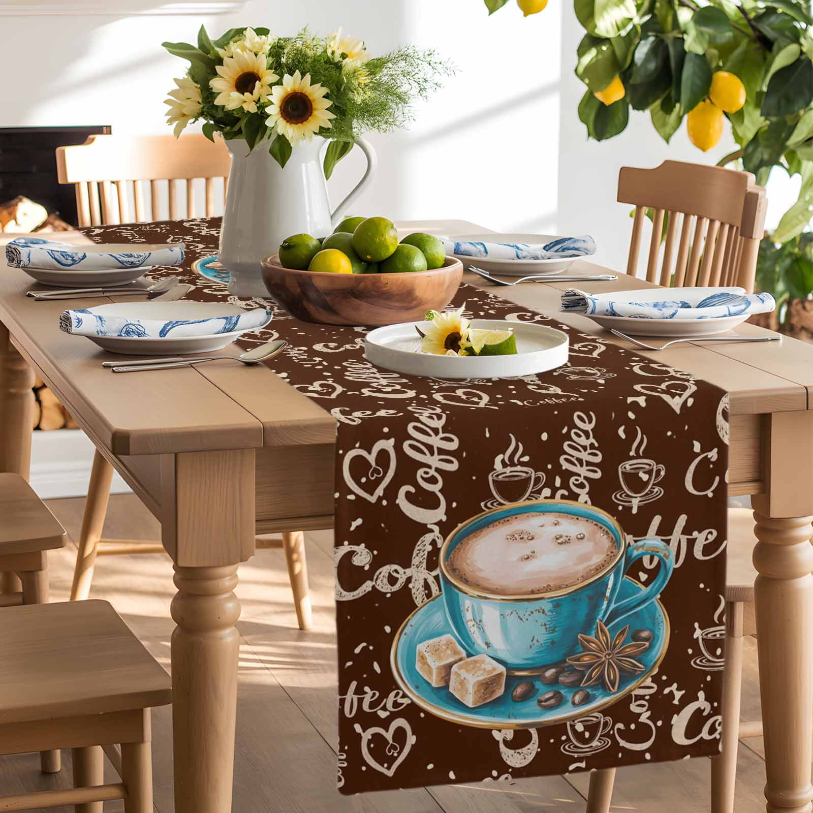 Vintage Farmhouse Coffee Cup Table Runner-90 Inch Long Retro Shabby ...