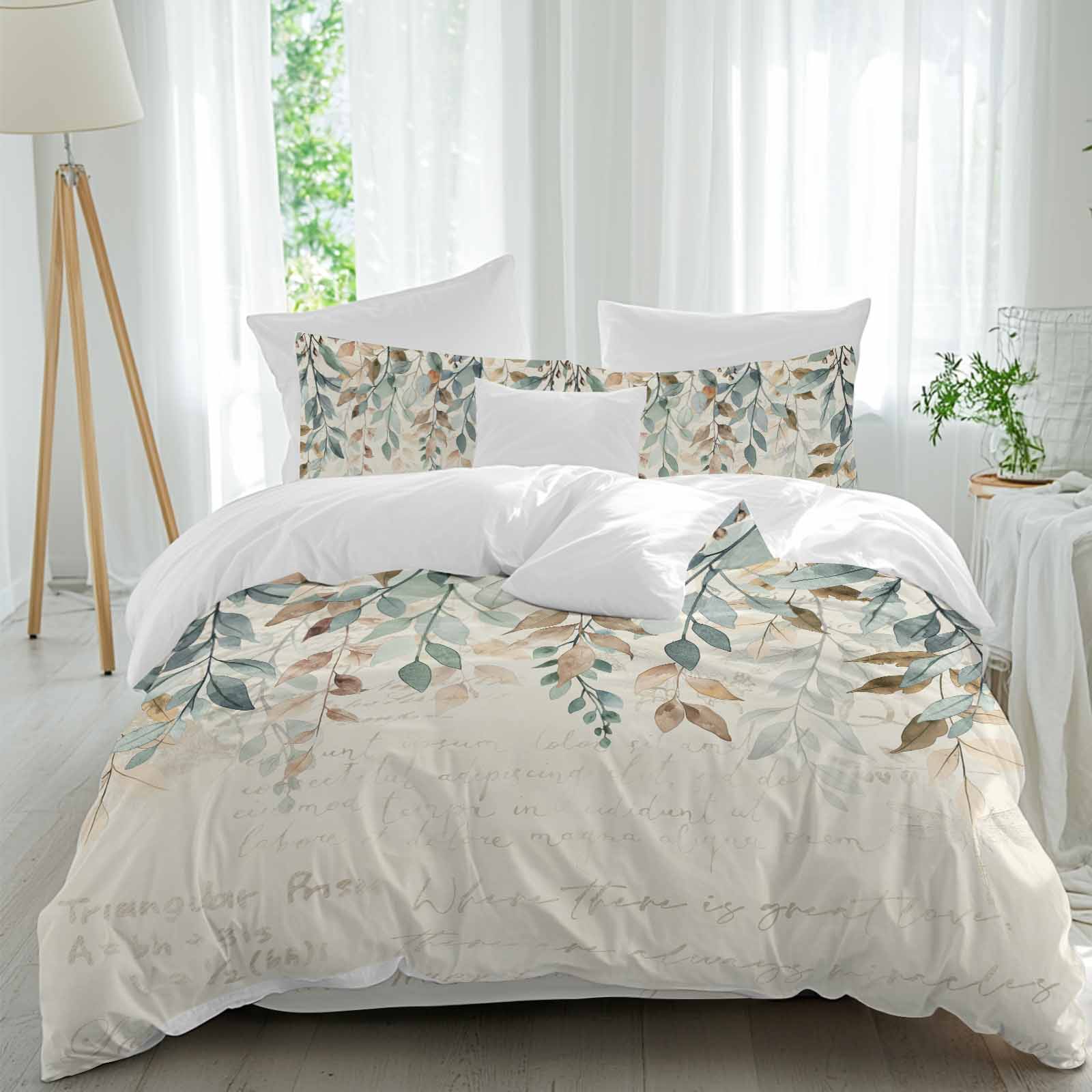 Vintage Farmhouse Duvet Cover Set Queen Size Style Plants Green Leaves ...