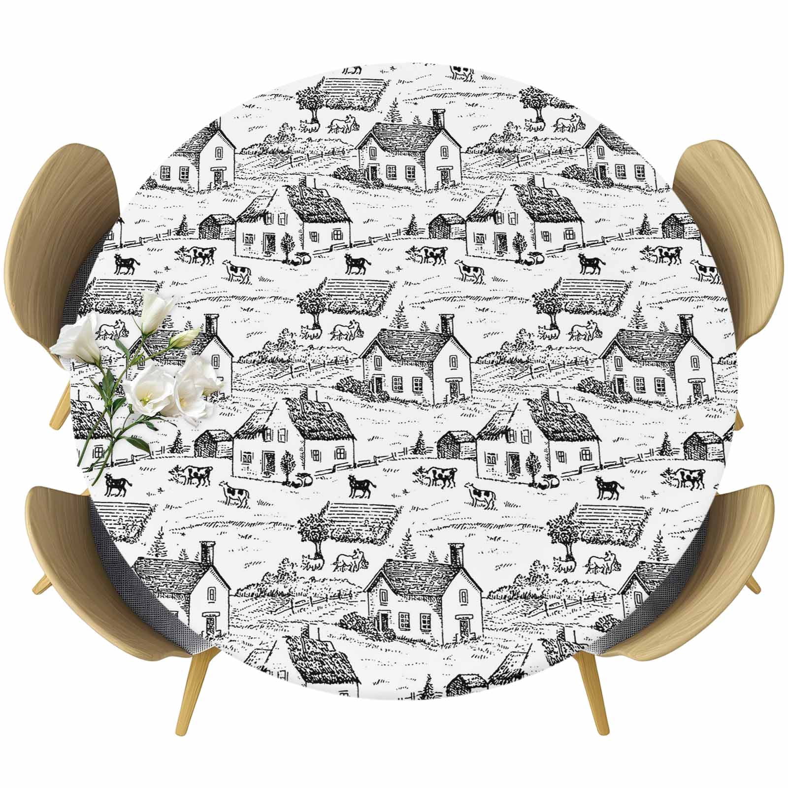 Vintage Farmhouse Round Tablecloth, Fitted Table Cover with Elastic for ...