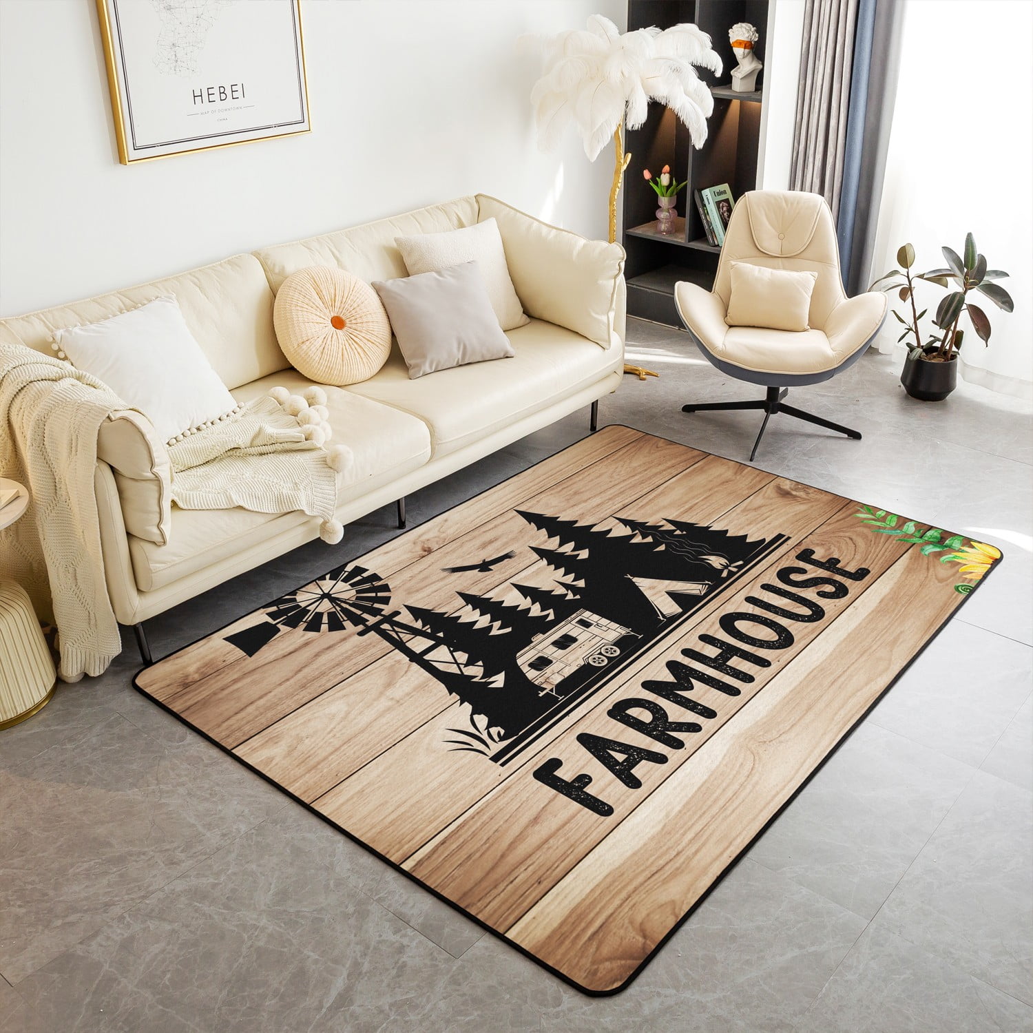 Vintage Farmhouse Rug Happy Camping Camper Area Rug 3x5, Chic Sunflower ...