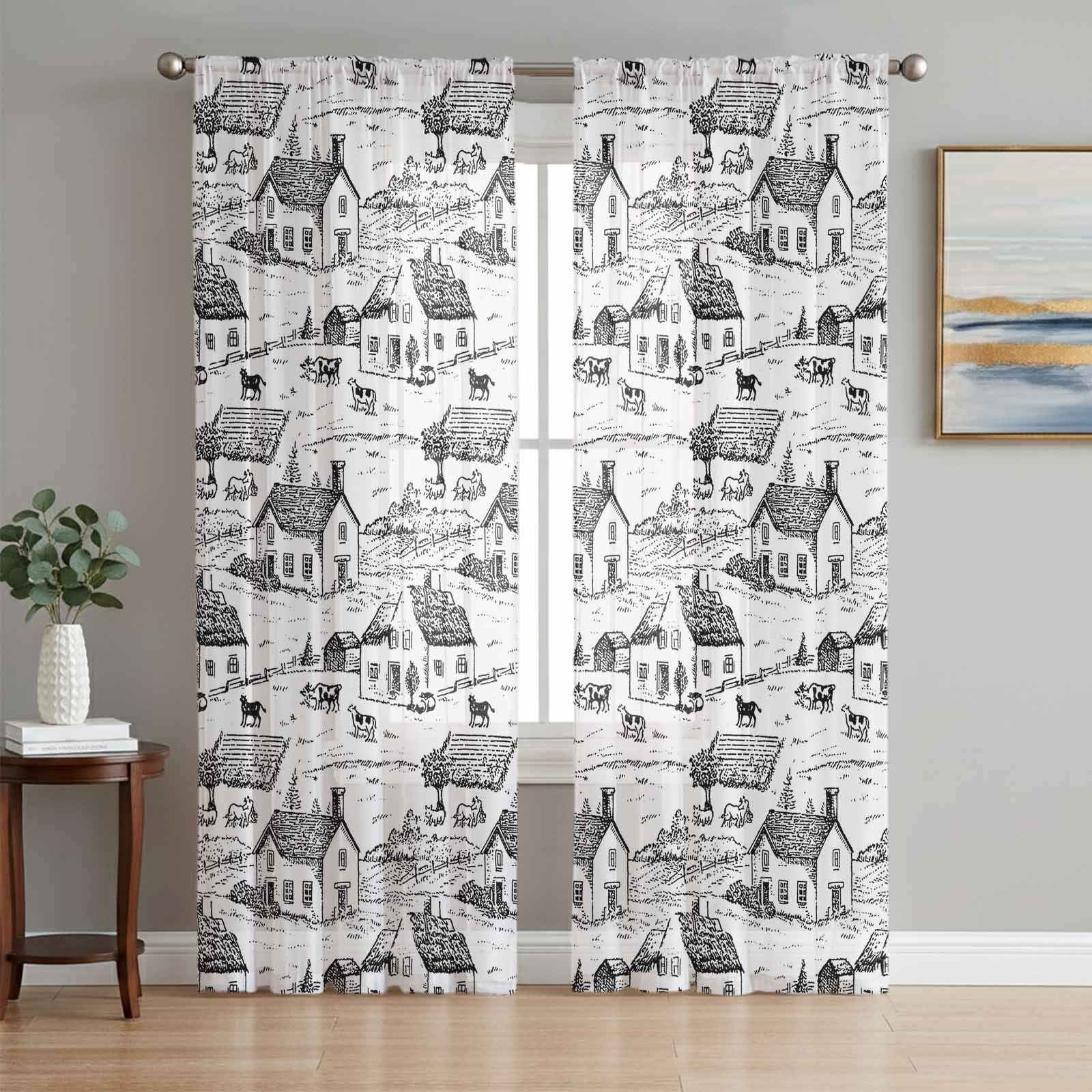 Vintage Farmhouse Sheer Curtains 63 Inch Length 2 Panels Set, Country ...