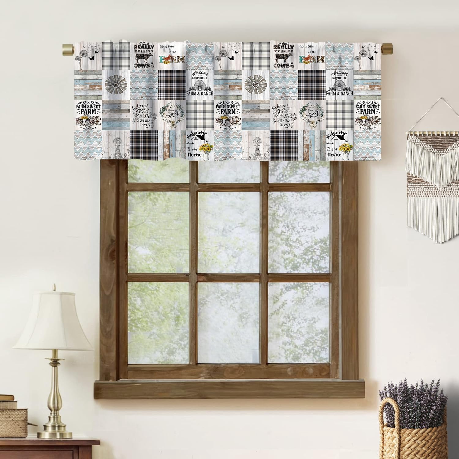 Vintage Farmhouse Valance Curtain, Rural Wood Plank Sketch Animal ...