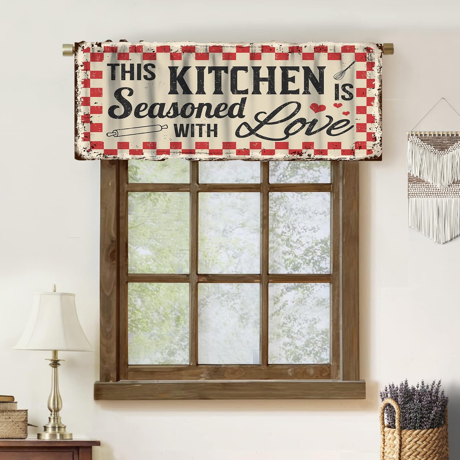 Vintage Farmhouse Valance Curtain, Rural Wood Plank Sketch Animal ...