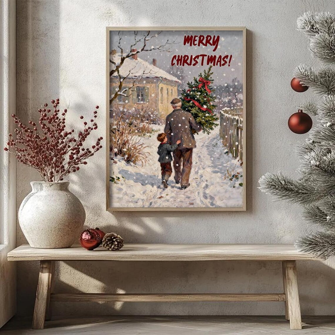 Vintage Father & Son Winter Holiday Tree Art Snowy Winter Poster Home ...