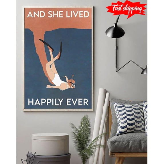 Vintage Female Diver Scuba Diving And She Lived Happily Ever 16 x 24 ...