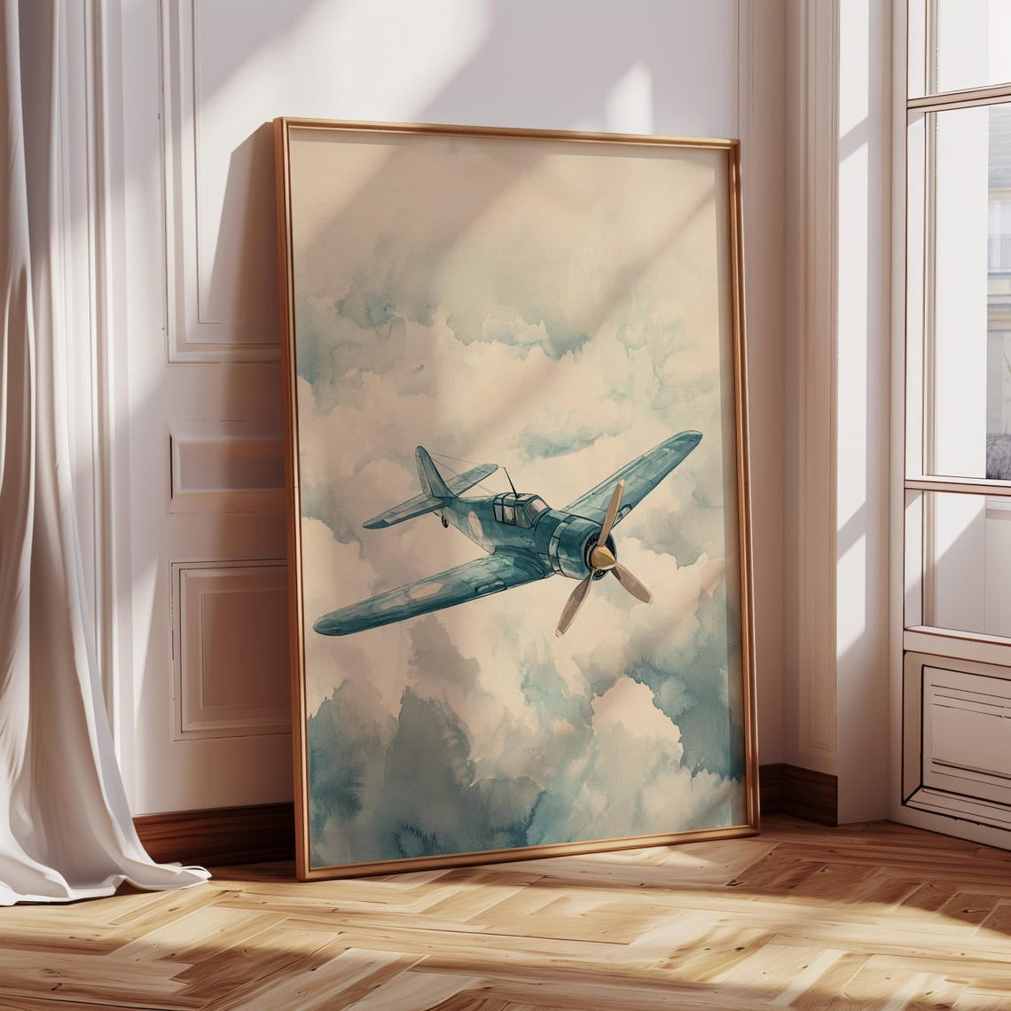 Vintage Fighter Plane Watercolor Print, Retro Aviation Wall Art, Blue ...