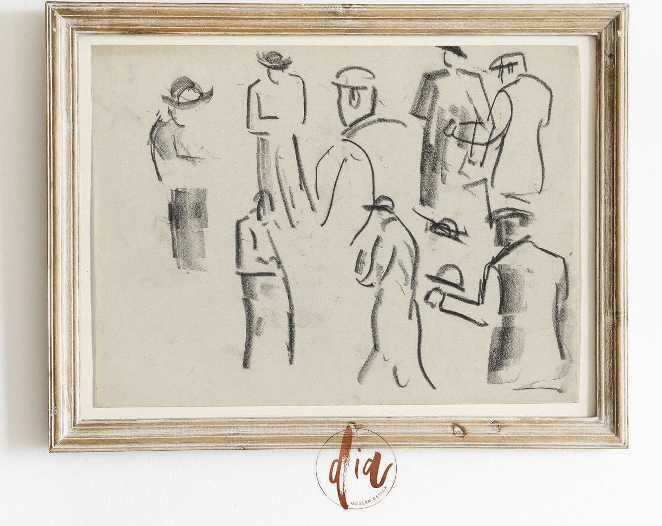 Vintage Figure Art Charcoal Drawing, Sketch, Horizontal Print, Neutral ...