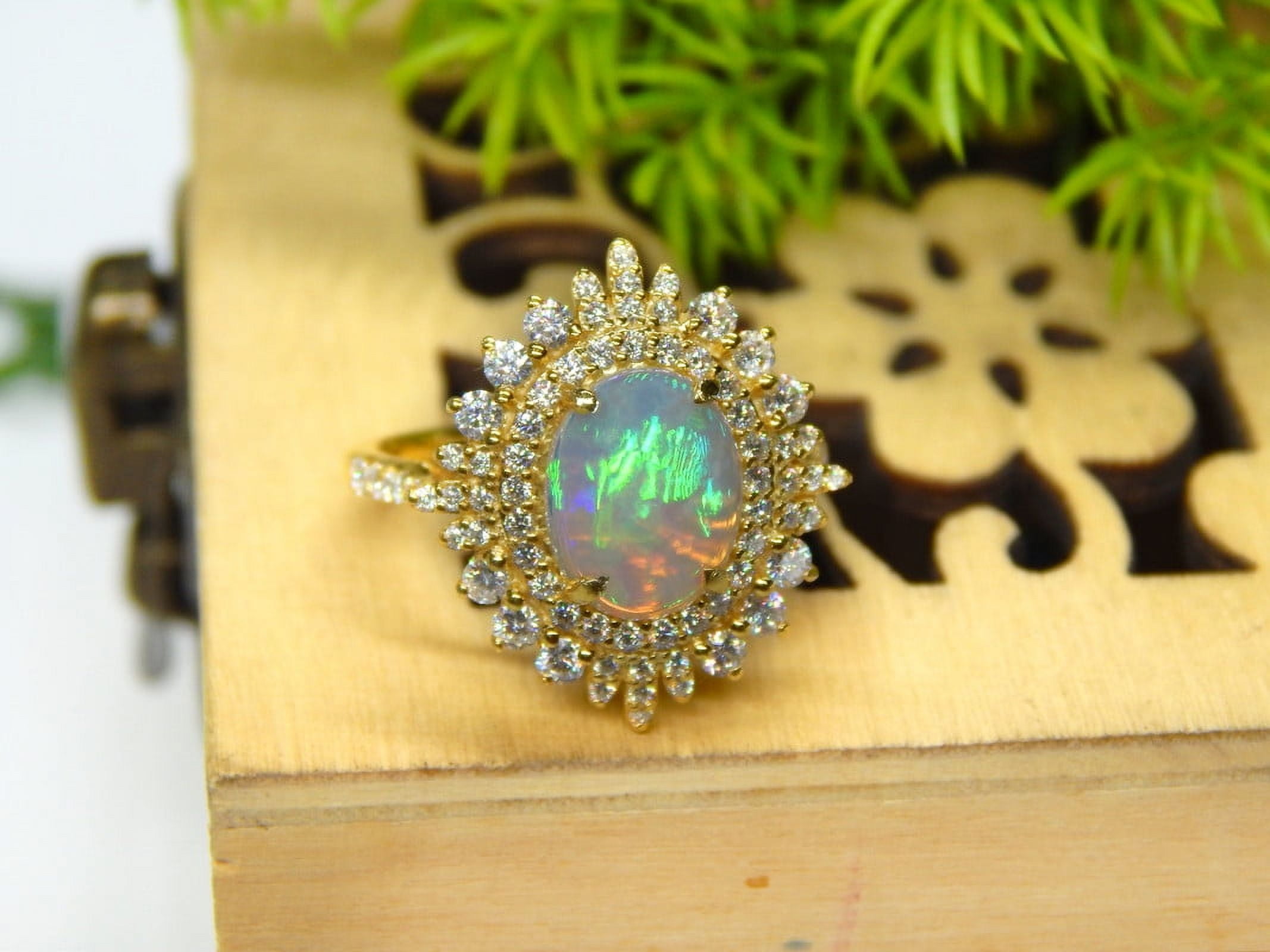 Vintage Fire Oval Opal ,Moissanite Cluster Ring, 925 Sterling Silver ...