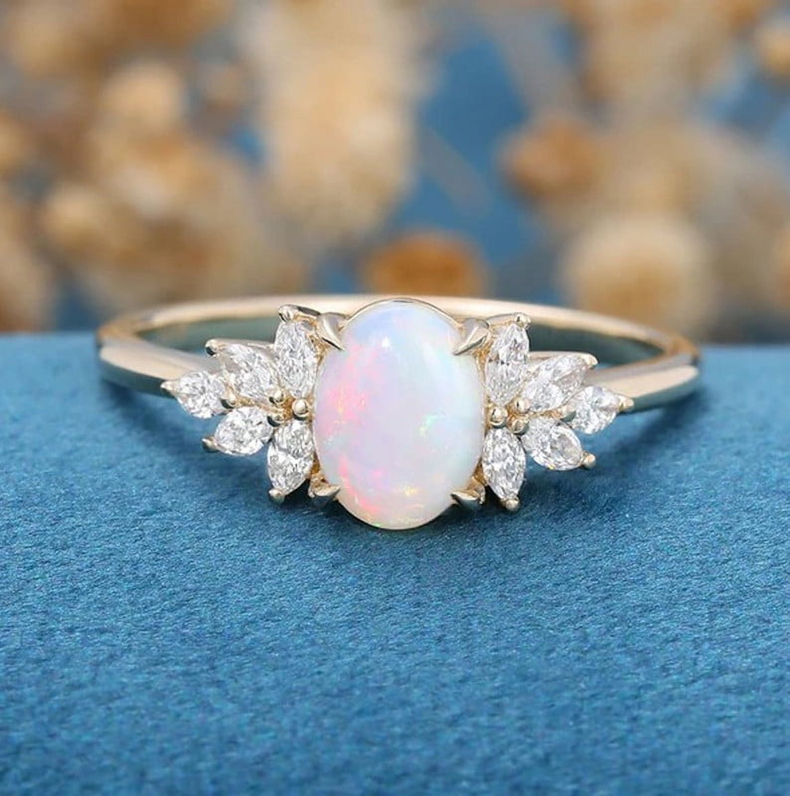 Vintage Fire Oval Opal Ring ,Moissanite Cluster Ring, 925 Sterling Silver ,14K Yellow Gold ...