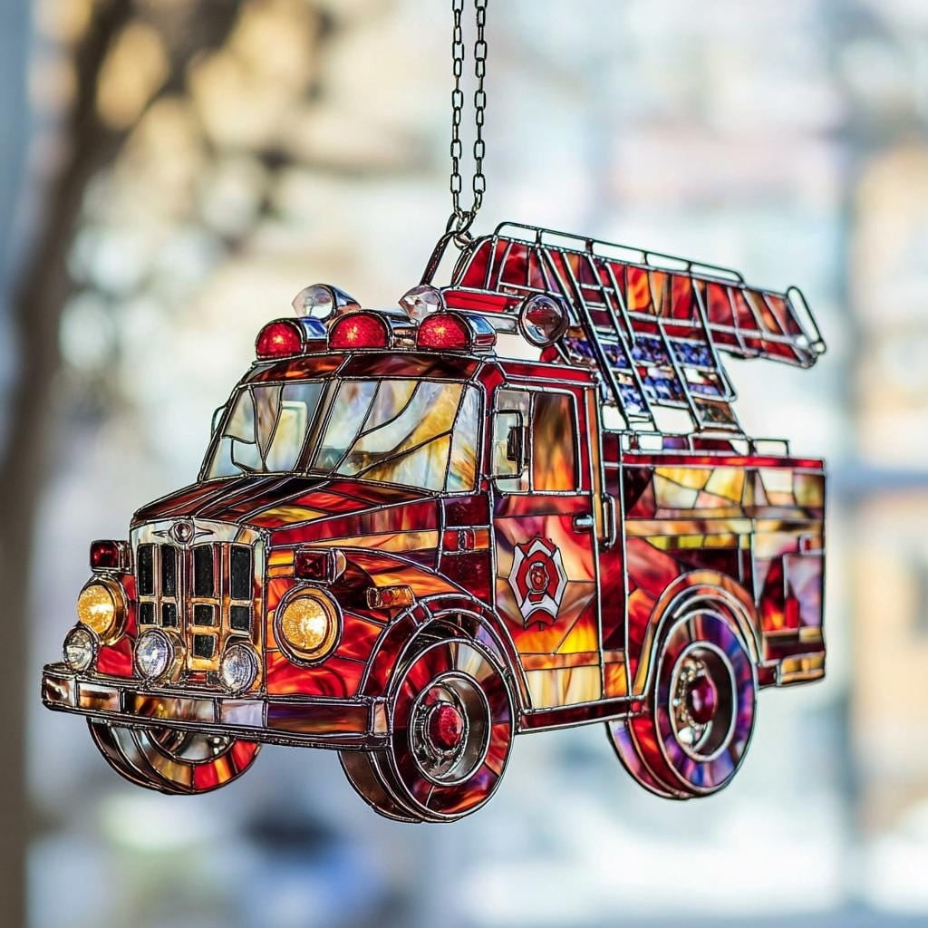Vintage Fire Truck Suncatcher, Stained Glass Emergency Vehicle Window ...