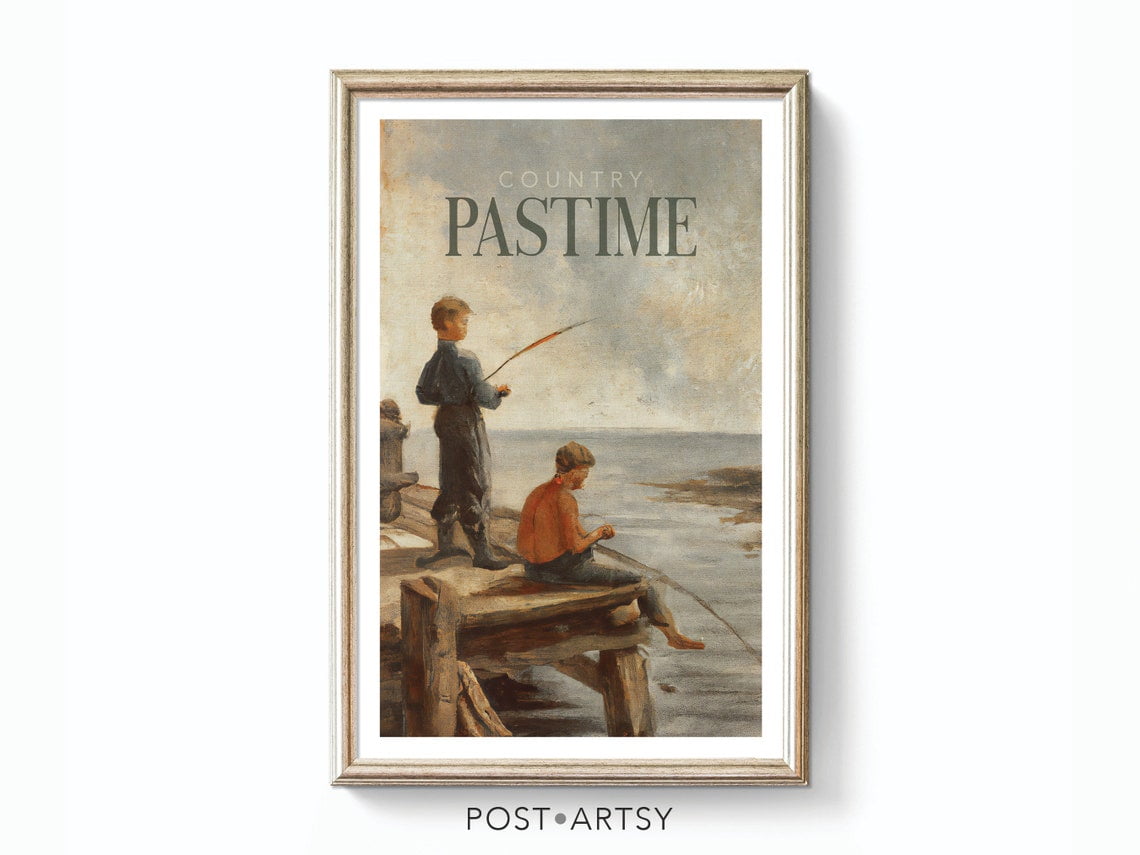 Vintage Fishing Poster Print Dad + Son Painting Warm Tones Outdoorsy ...