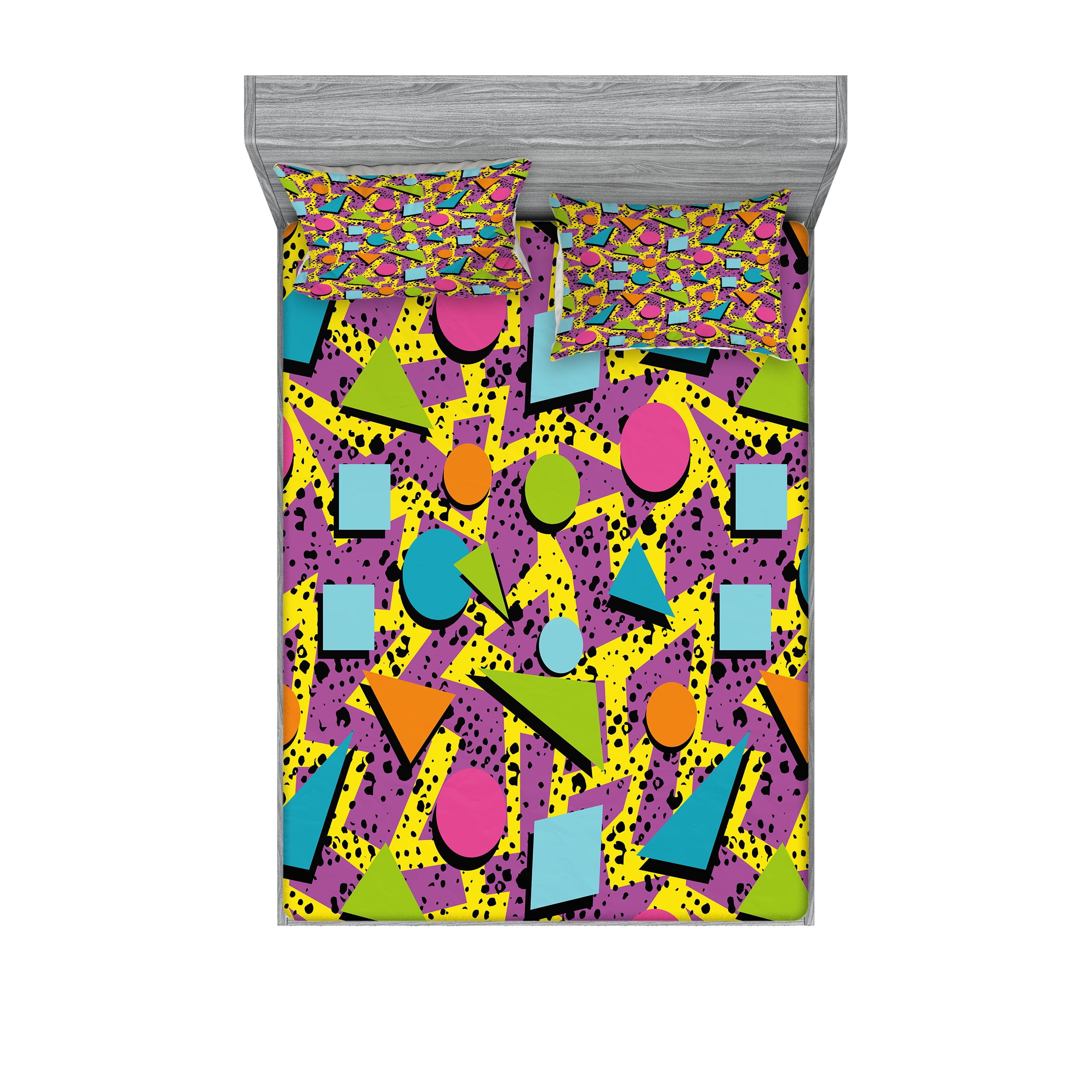 Vintage Fitted Sheet & Pillow Sham Set, Funky Geometric 80s Memphis ...