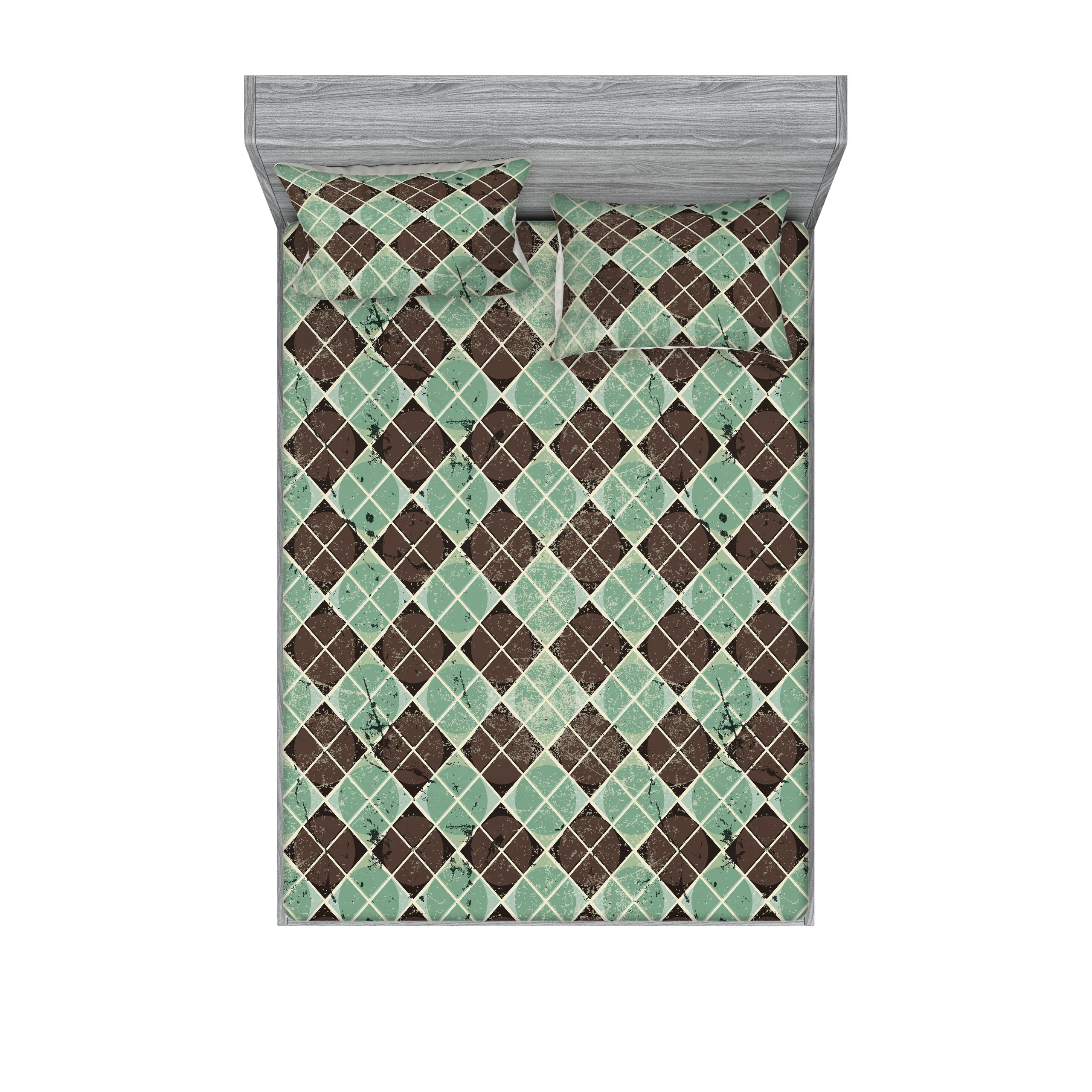Vintage Fitted Sheet & Pillow Sham Set, Geometric Boho Argyle Checkered Mosaic Lozenges and ...
