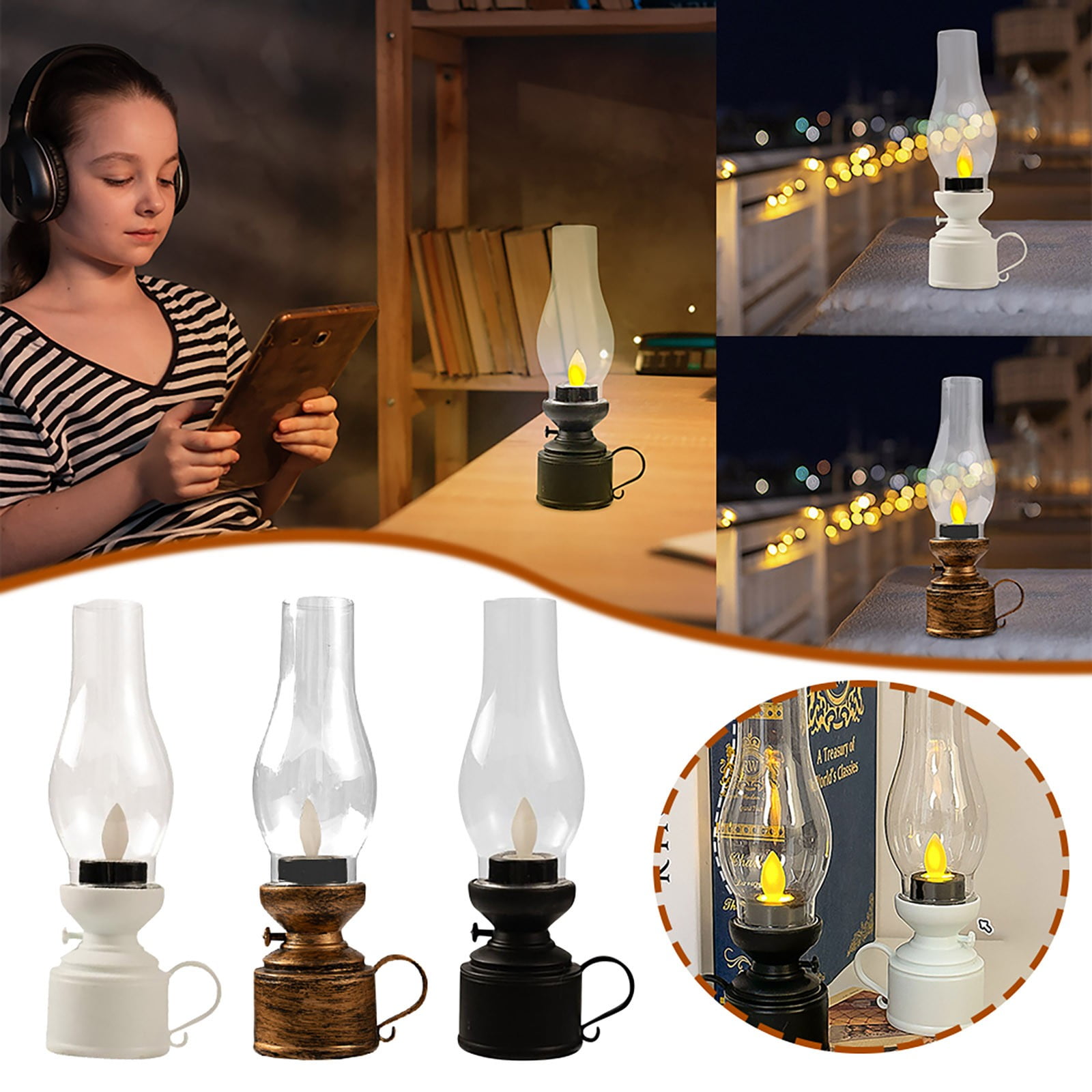 Vintage Flameless Table Lamp LED Kerosene Lantern Clear Hurricane Lamp ...