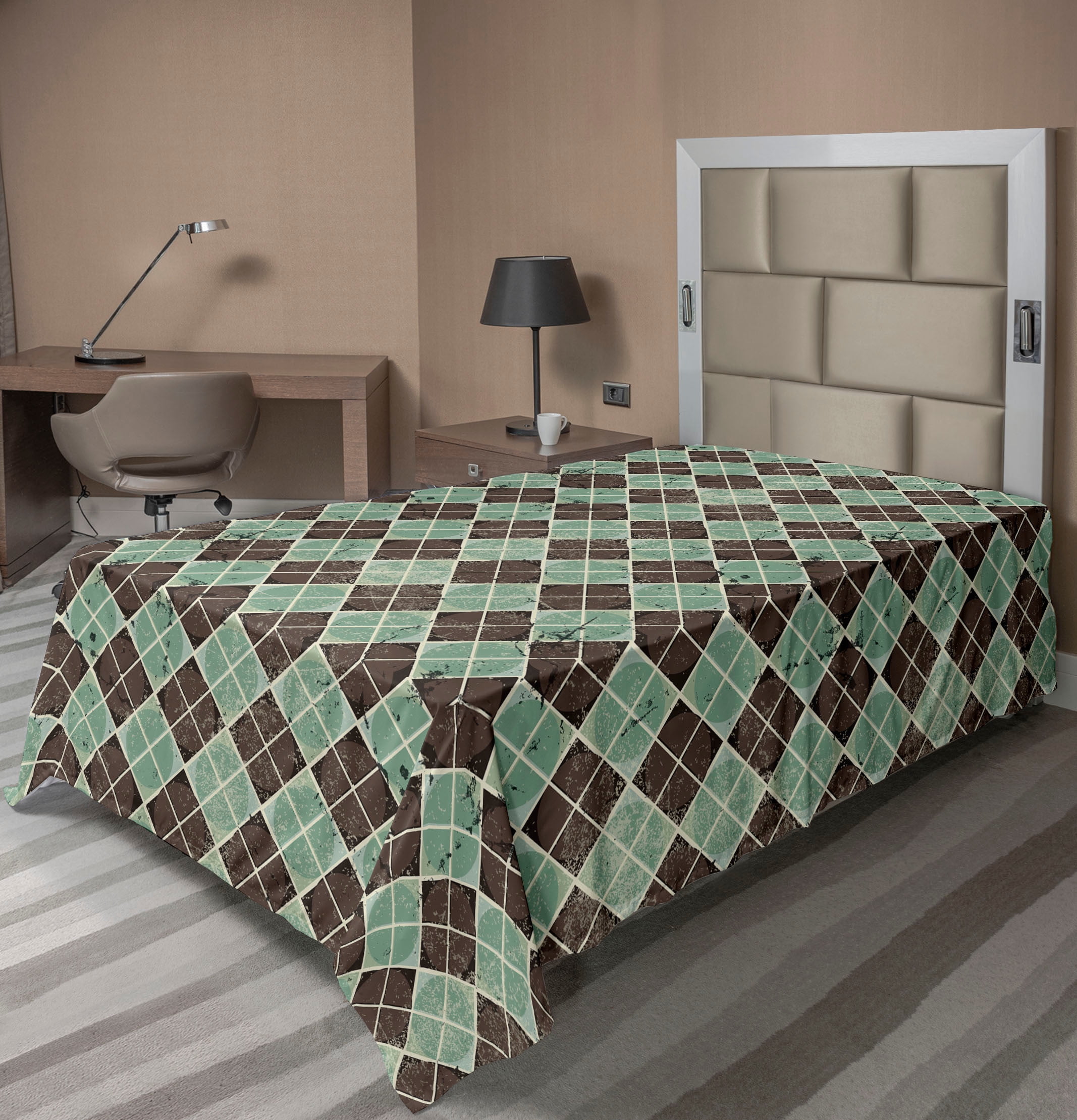 Vintage Flat Sheet, Geometric Boho Argyle Checkered Mosaic Lozenges and Quadrant Forms Print ...