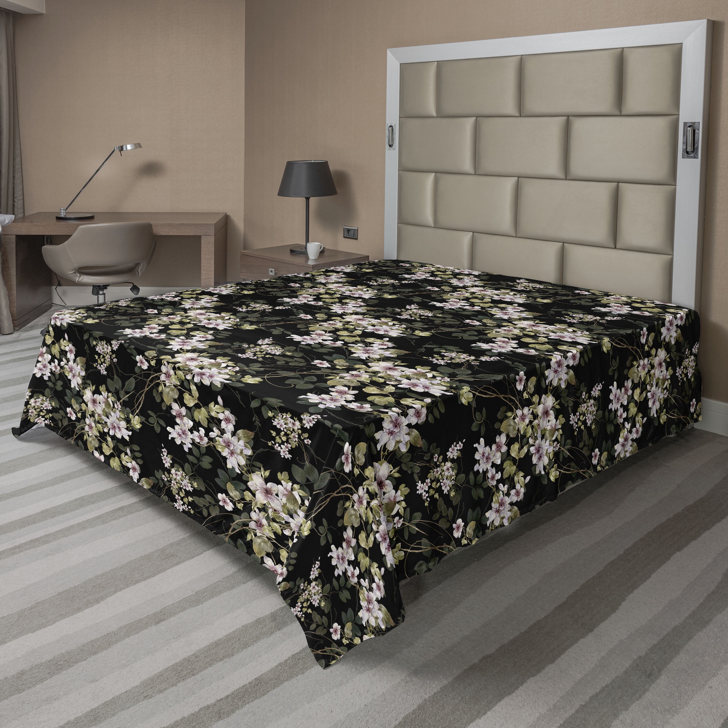 Vintage Flat Sheet, Watercolor Style Pattern of Spring Blooming ...