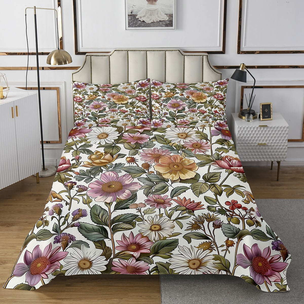 Vintage Floral Bedspread Set Queen Size,Farmhouse Garden Flowers Quilt ...