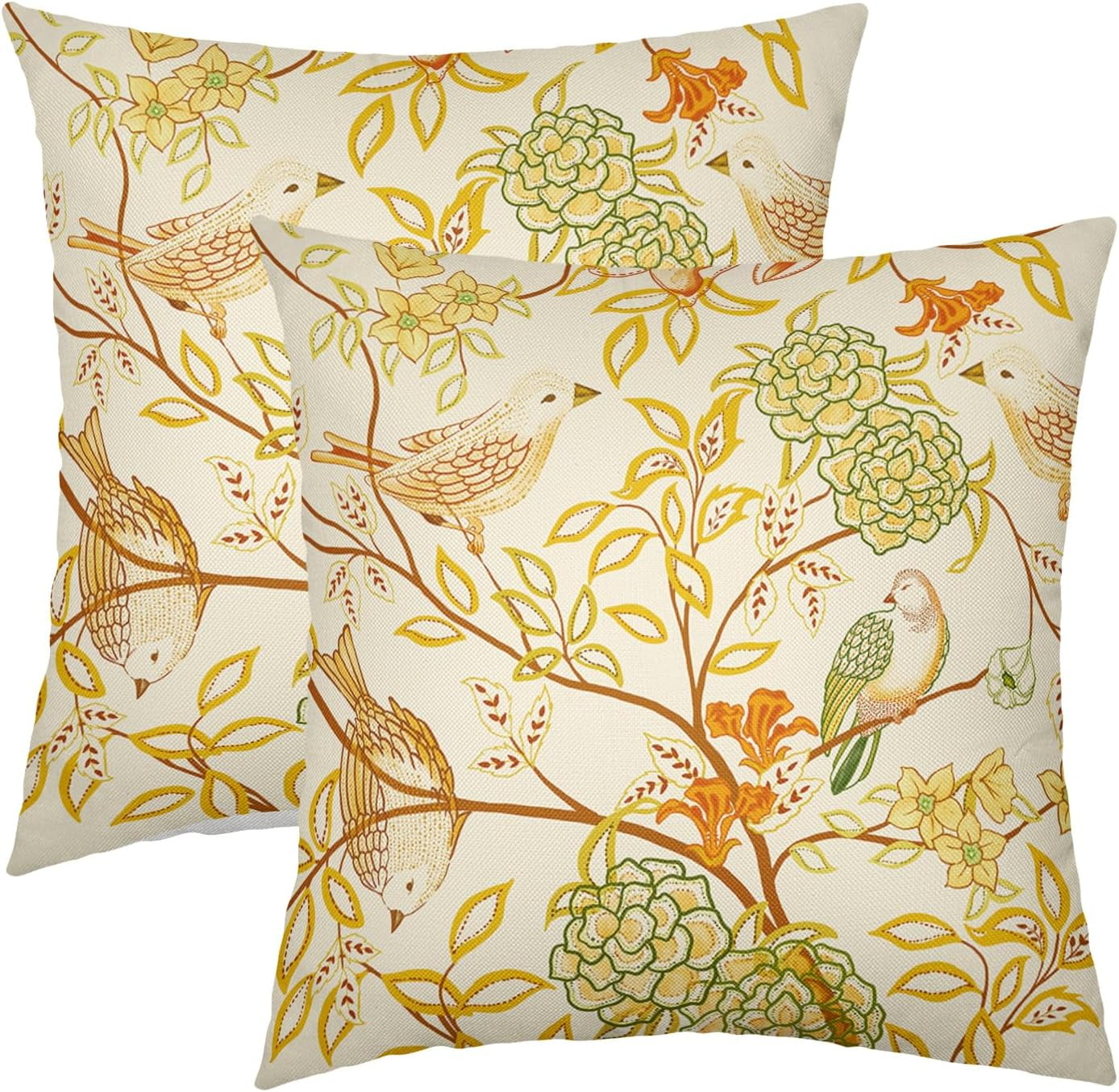 Vintage Floral Bird Pillow Covers 18x18 Inch Set of 2 Mustard Yellow Orange Flowers Leaves ...