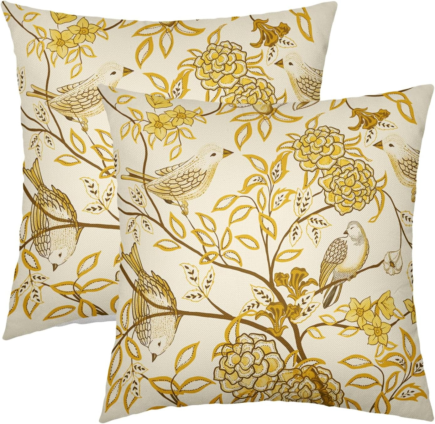Vintage Floral Bird Pillow Covers 20x20 Inch Set of 2 Mustard Yellow Flowers Leaves Decorative ...
