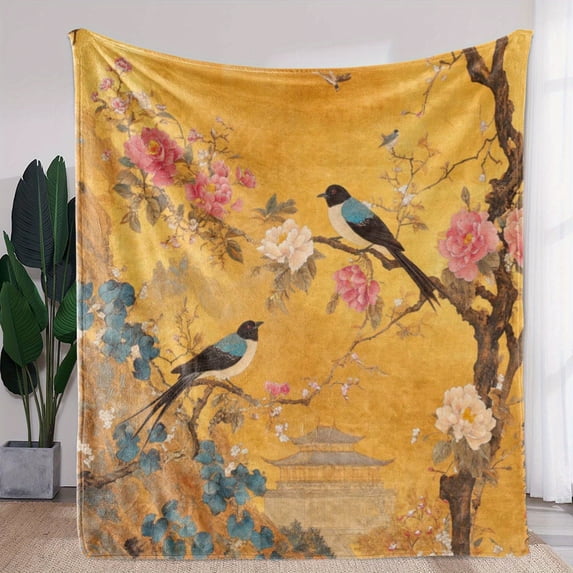 Vintage Floral and Bird Print Flannel Blanket – Soft, Cozy, All-Season ...