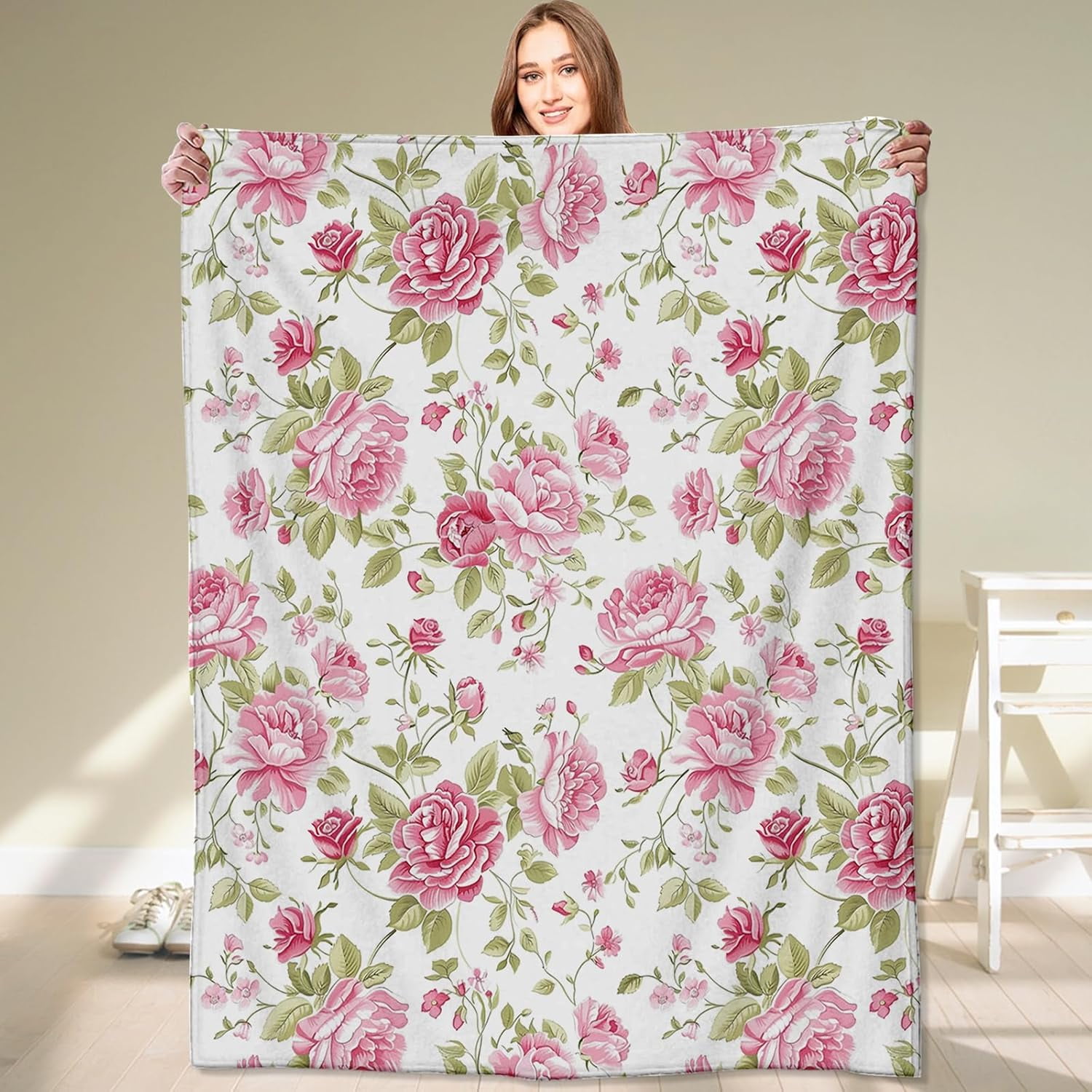 Vintage Floral Blanket,Pink Rose Peony Chic Flower Romantic Retro ...