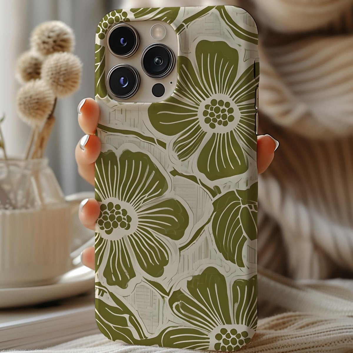 Vintage Floral Botanical Phone Case with an Olive Green Retro Flower ...