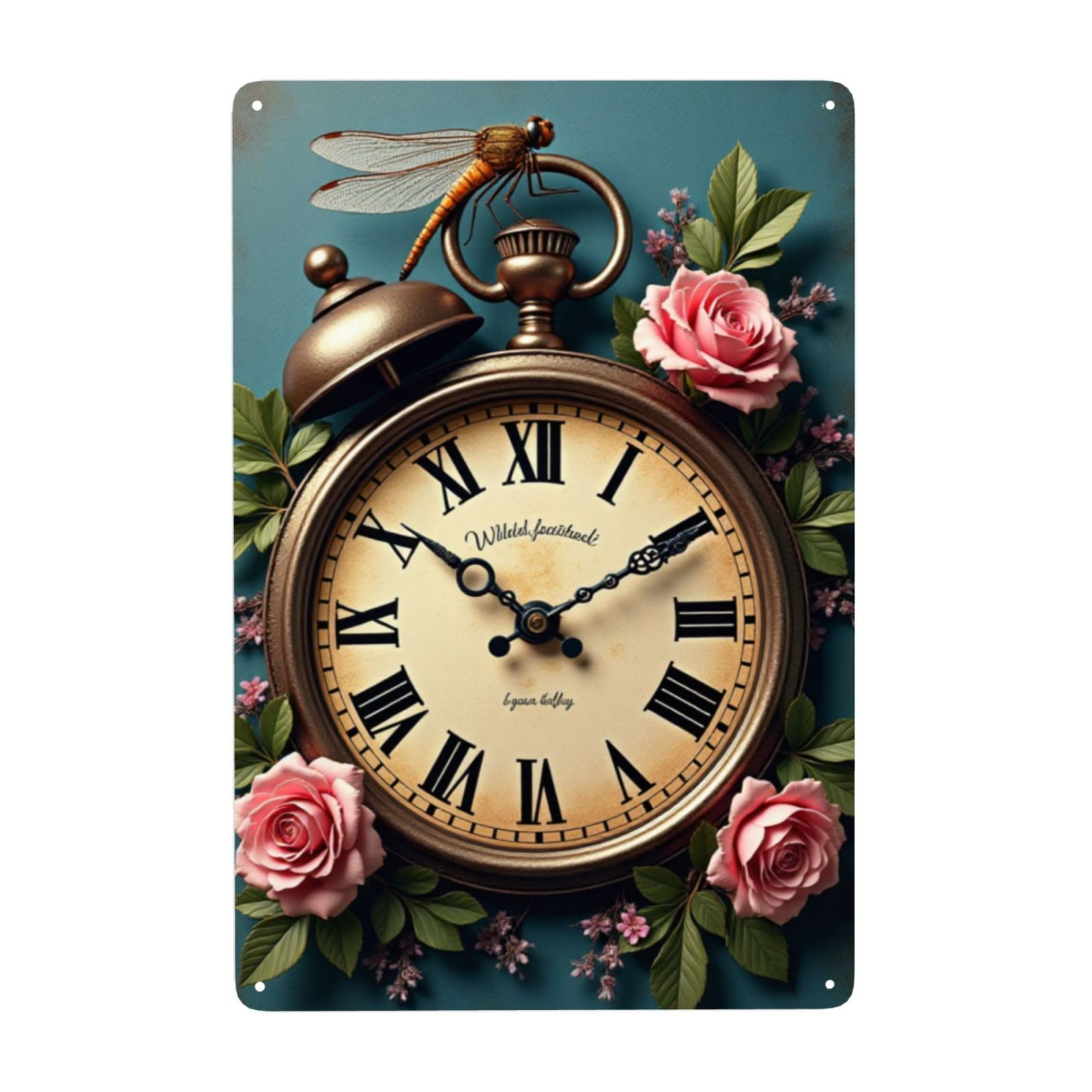 Vintage Floral Clock Metal Tin Sign Antique Roman Numeral Wall Decor ...