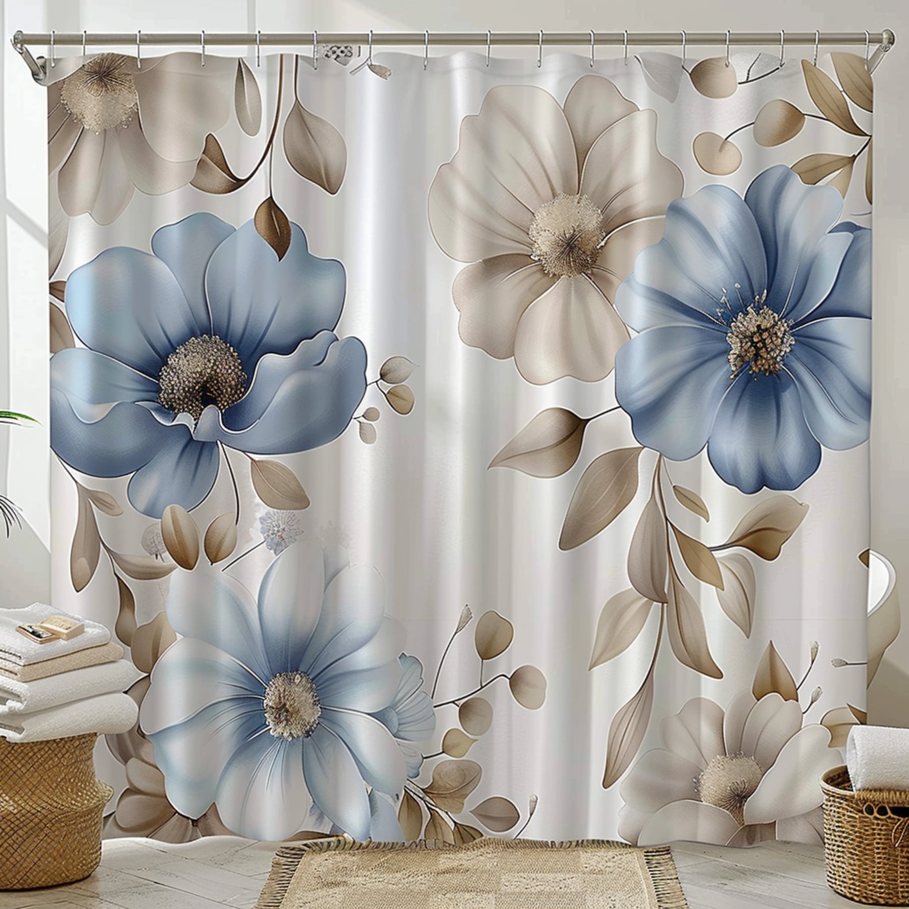 Vintage Floral Elegance Blue And Beige Shower Curtain With Large Flowers Leaves And White