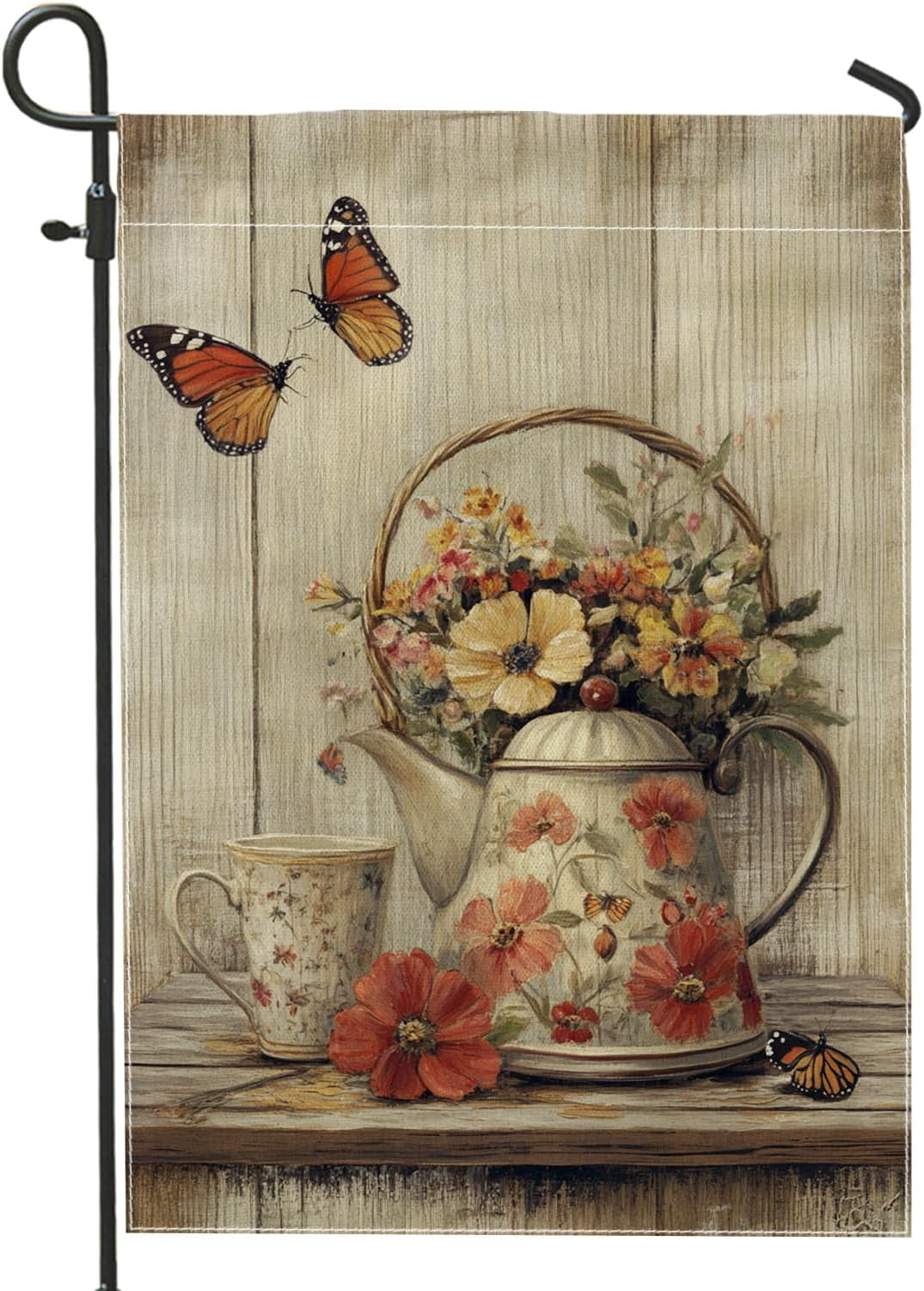 Vintage Floral Garden Flag, Cream Teapot With Flowers and Butterflies ...