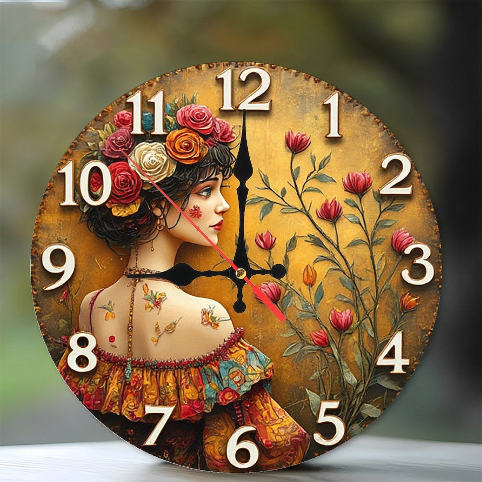 Vintage Floral Girl Wall Clock Romantic Home Decor 10-Inch Silent ...