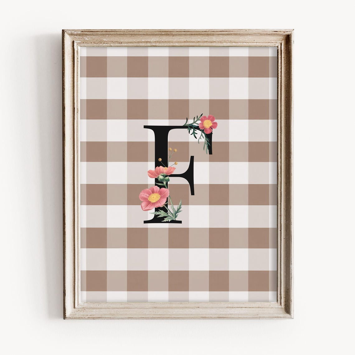 Vintage Floral Initial Print, Beige Gingham F Letter Art, Rustic ...