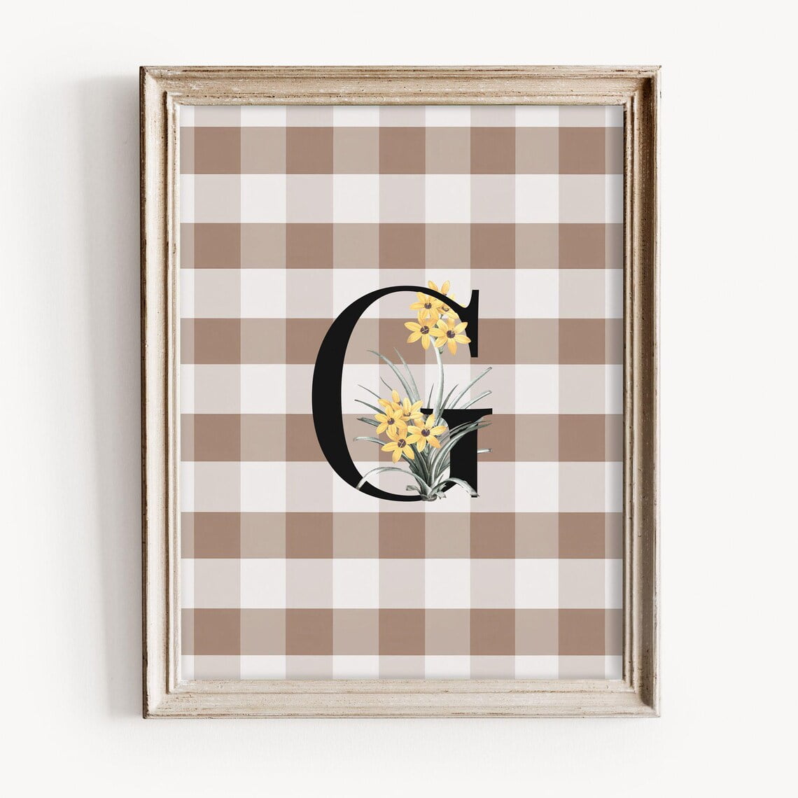 Vintage Floral Initial Print, Beige Gingham G Letter Art, Rustic ...