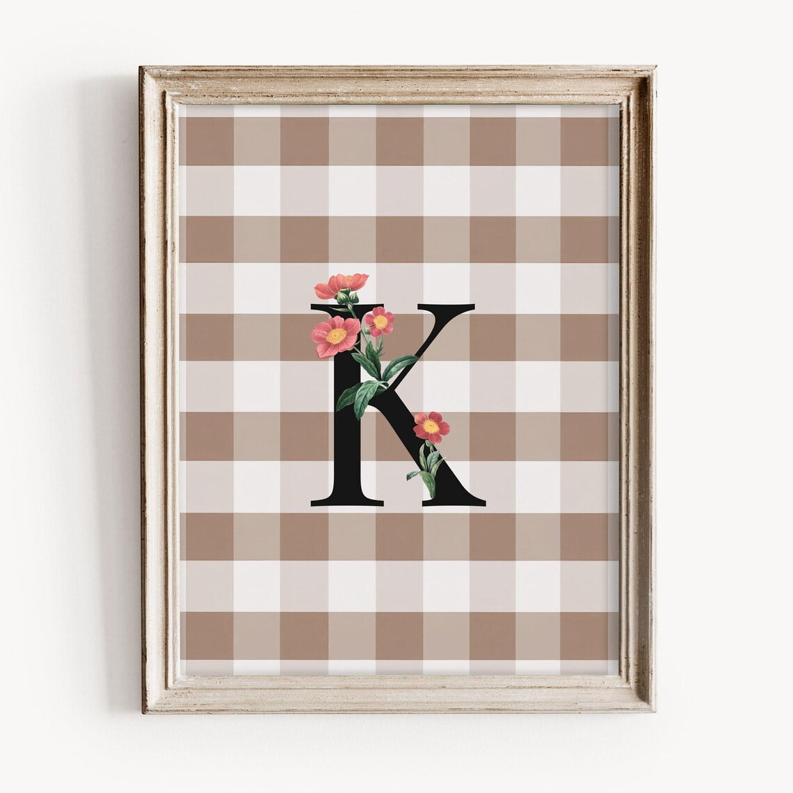 Vintage Floral Initial Print, Beige Gingham K Letter Art, Rustic ...