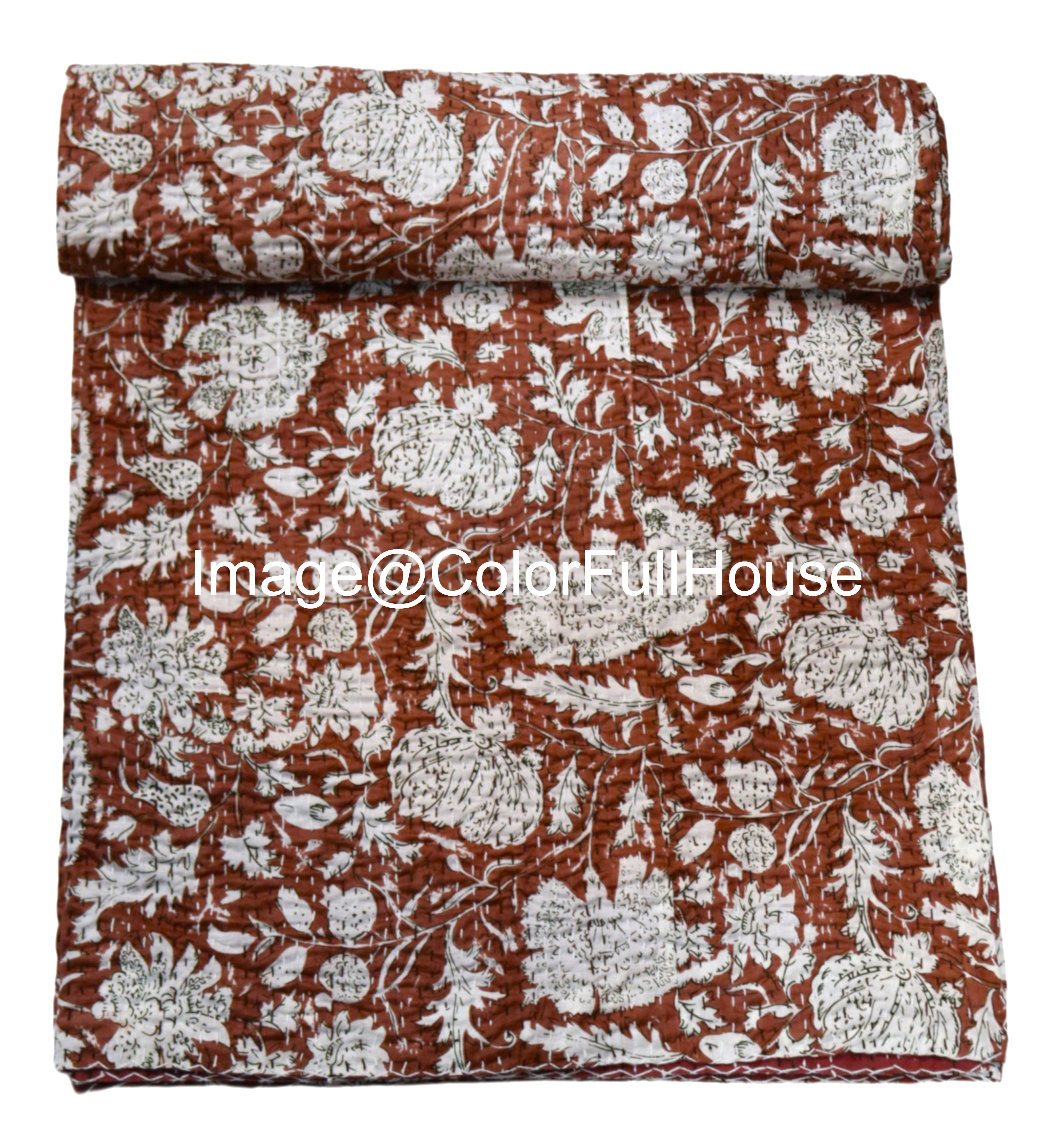 Vintage Floral Kantha Quilt, Brown and White Cotton Bedspread with ...