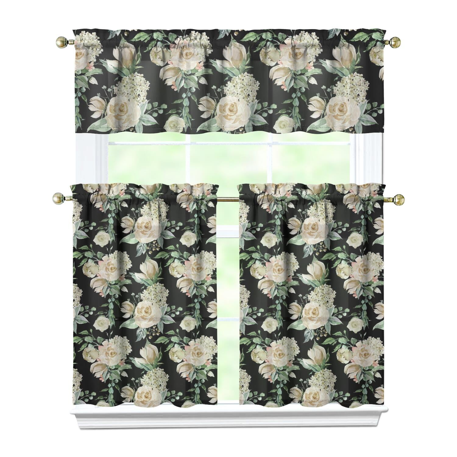 Vintage Floral Kitchen Curtains Set of 3 with Valance Semi-Sheer Window ...