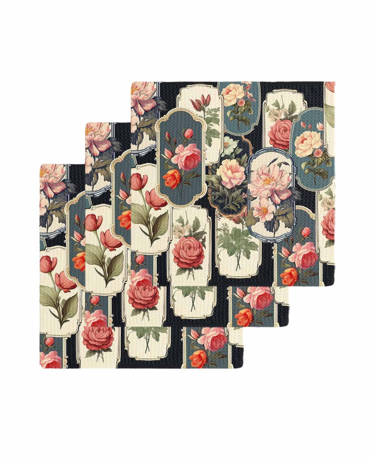 Vintage Floral Kitchen Dish Towels for Drying Dishes Set of 3, Abstract ...