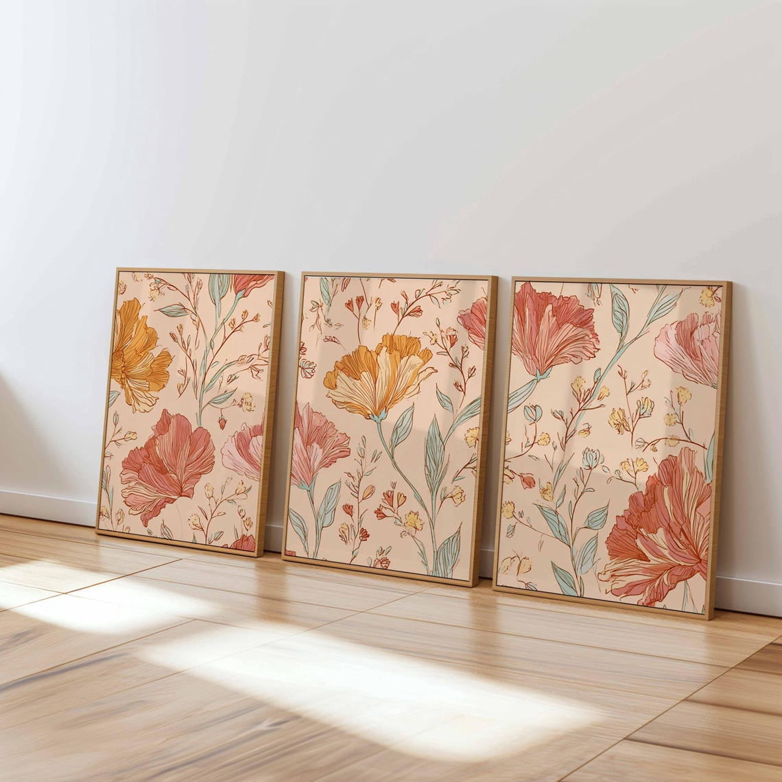 Vintage Floral Line Warm Tone Botanical Wall Decor Art Set 3 Unframed ...