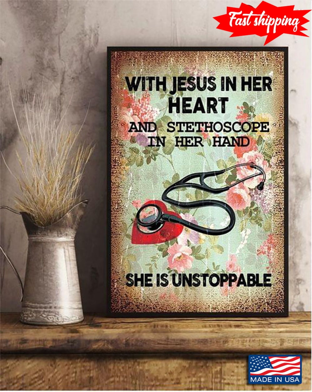 Vintage Floral Nurse With Jesus In Her Heart And Stethoscope In Her ...