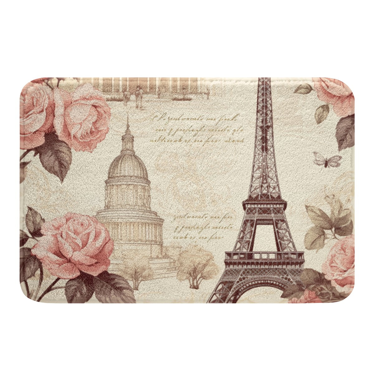 Vintage Floral Paris Bathroom Rug Set,Pink Rose Flower Eiffel Tower ...