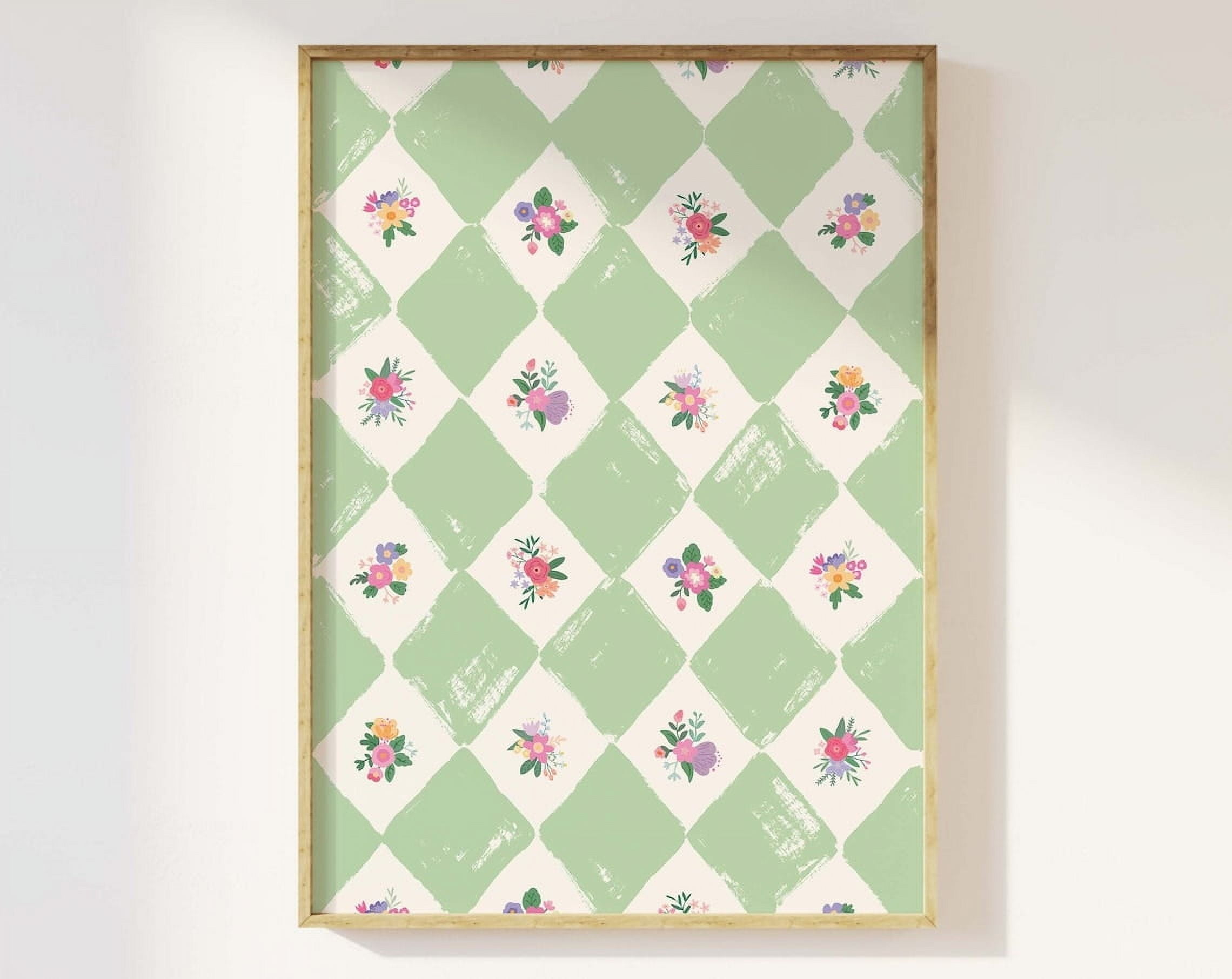 Vintage Floral Pattern Print, Art, Checker Wall Art, Grandmillennial Floral Art Print, Cute ...
