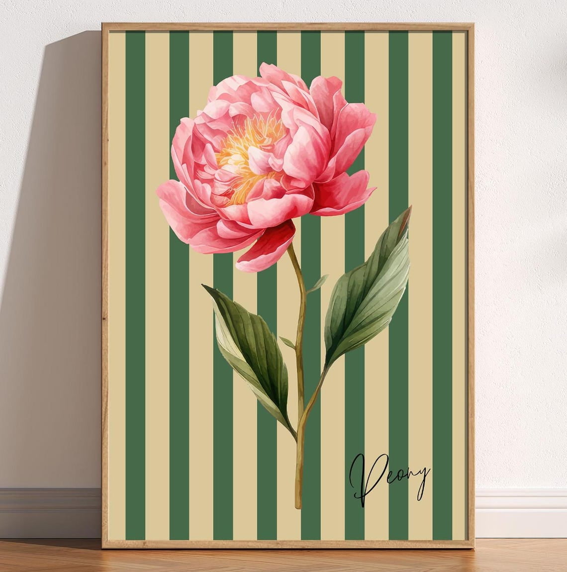 Vintage Floral Peony Stripe Print, Charming Rustic Flower Art, Retro ...