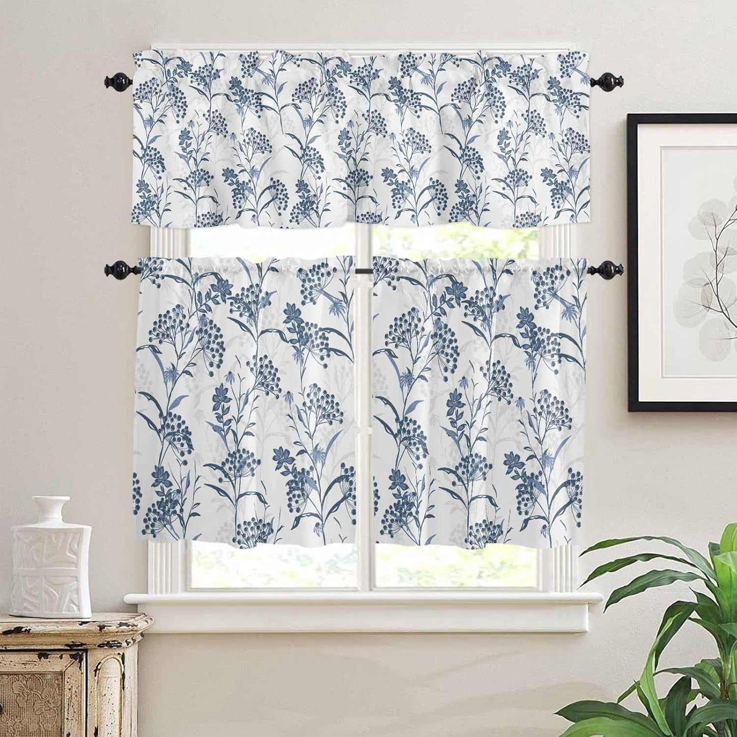 Vintage Floral Plant 3-Piece Kitchen Curtain Set, Rod Pocket Kitchen ...