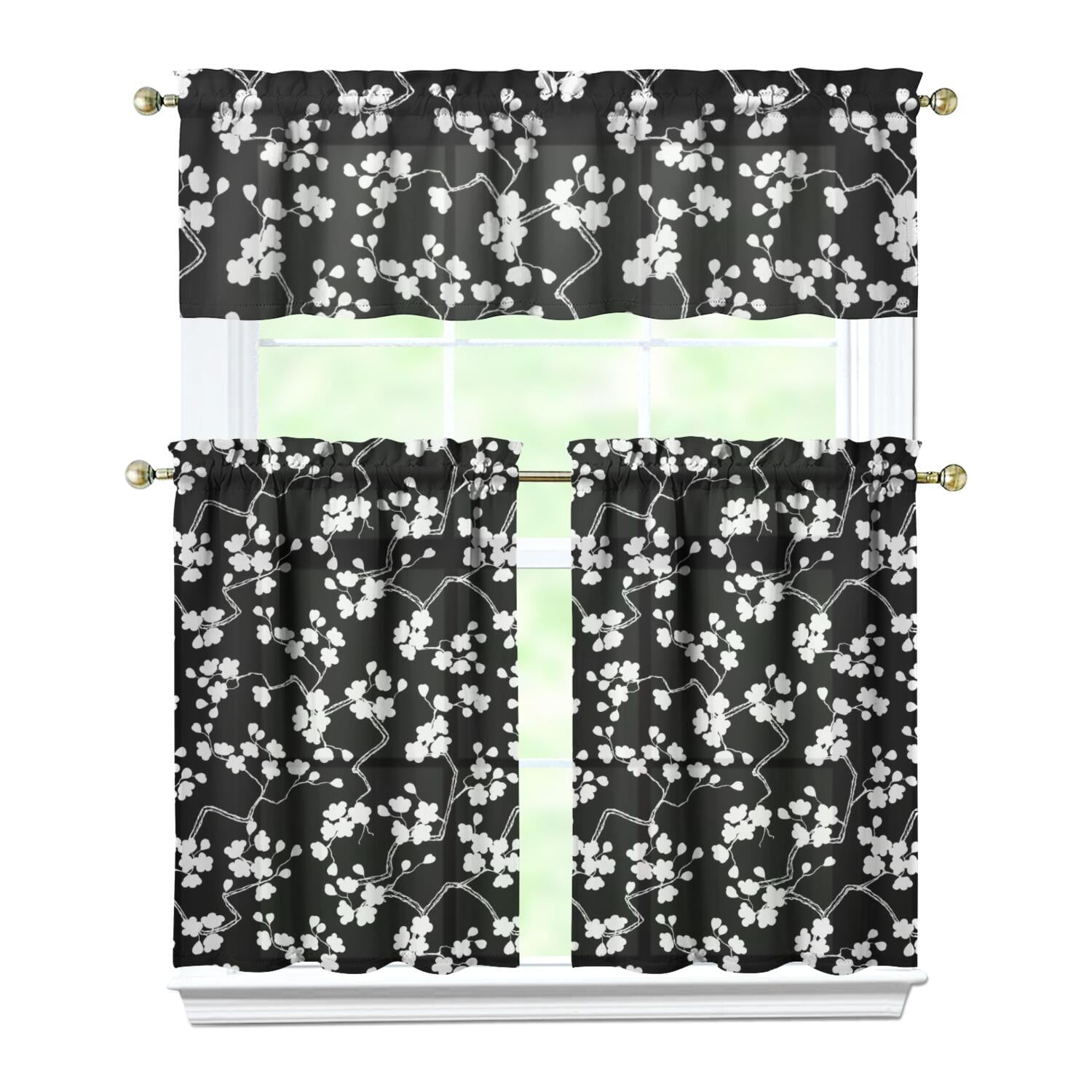 Vintage Floral Print Kitchen Curtains Set of 3 - Botanical Garden Rod ...