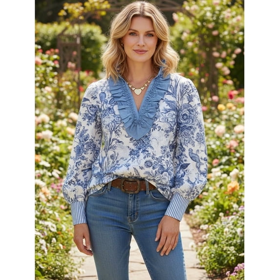 Vintage Floral Print Ruffle Collar Blouse - Long Sleeve, Loose Fit ...