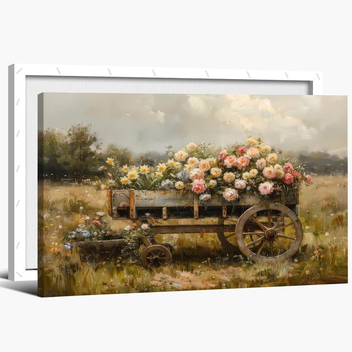 Vintage Floral Print decor Wildflowers Cart Wall Art Country Landscape ...