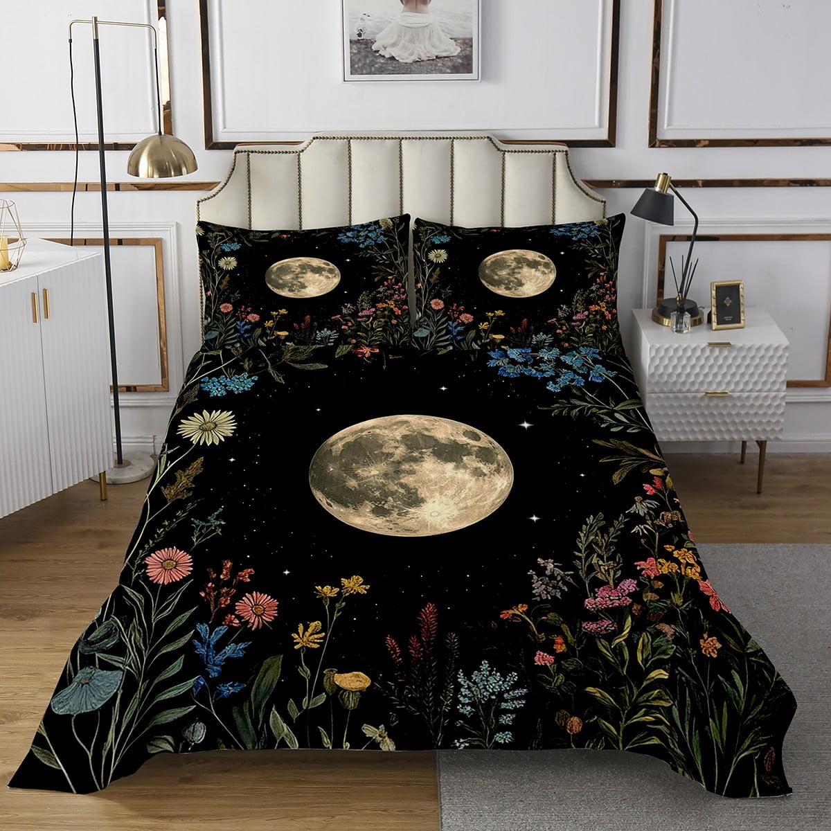 Vintage Floral Quilt Set King Size,Moon and Stars Galaxy Bedding Set ...