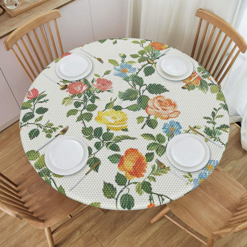 Vintage Floral Round Fitted Tablecloth with Elastic Fitted Table Covers ...